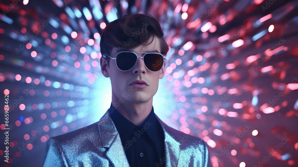 Fashion retro futuristic boy in surrealistic 60s-70s disco club culture ...