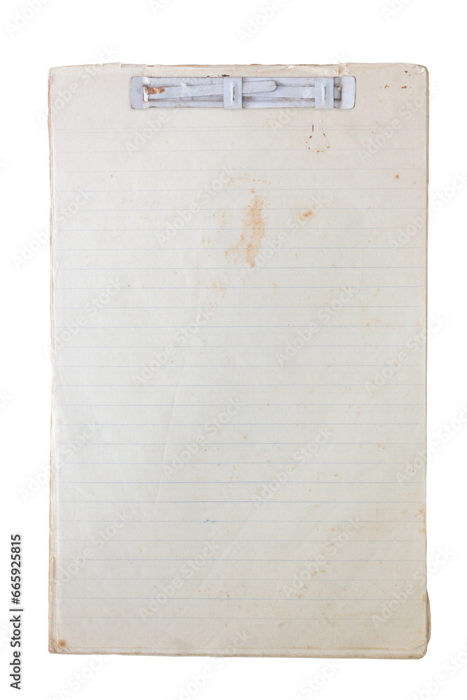 Old vintage lined paper stack binding with white metal paper fastener ...