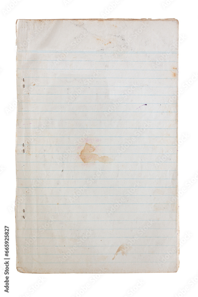 Old vintage lined paper stack binding with metal stapler and on white ...