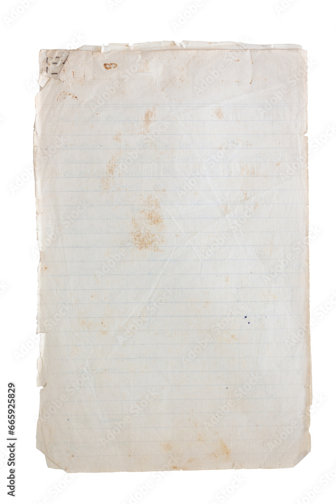 Old vintage lined paper stack binding with metal stapler at the corner ...