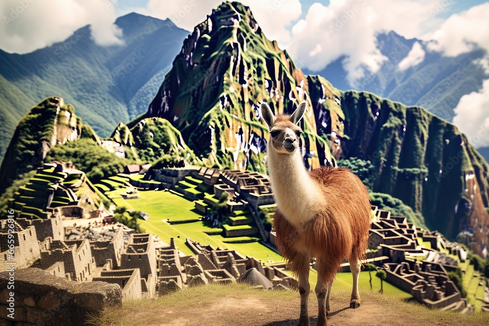 Llama on the background of the ancient city of Machu Picchu, Lama And ...