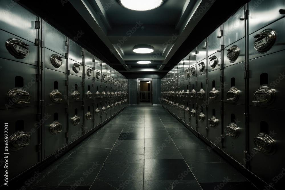 Interior of a modern locker room with doors and lockers, lockers in a ...