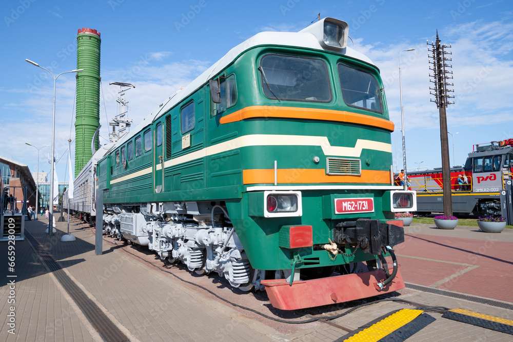 SAINT PETERSBURG, RUSSIA - AUGUST 27, 2023: Diesel locomotive M62 with ...