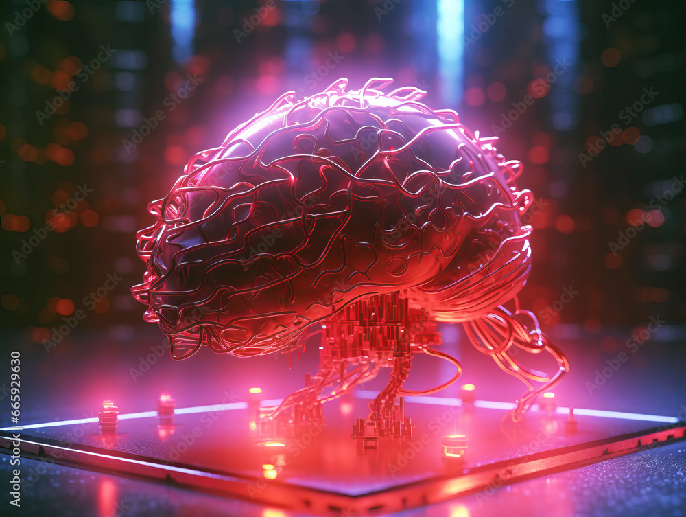 human brain with red glowing light in the background. Neural network ...
