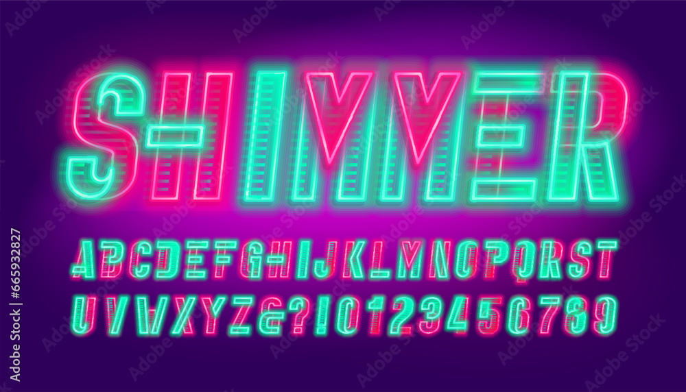 Shimmer alphabet font. Two neon color letters and numbers. Stock vector ...