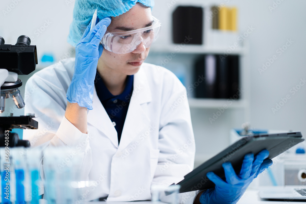 asian female scientist feeling stress and tired from working overtime ...