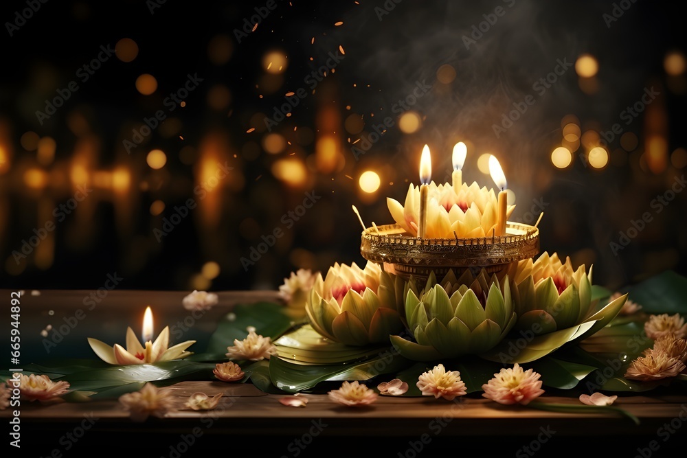 Lantern adorned with lotus flowers, lotus-shaped candle, offering prayers to the goddess ...