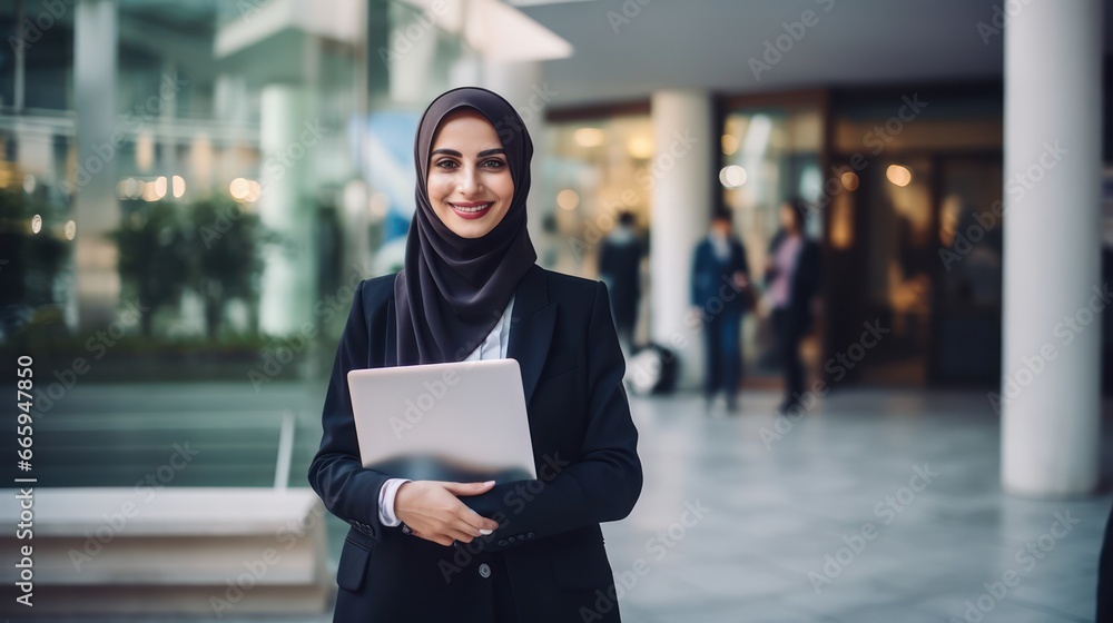 Photo of young muslim business woman serious hold clipboard organizer ...