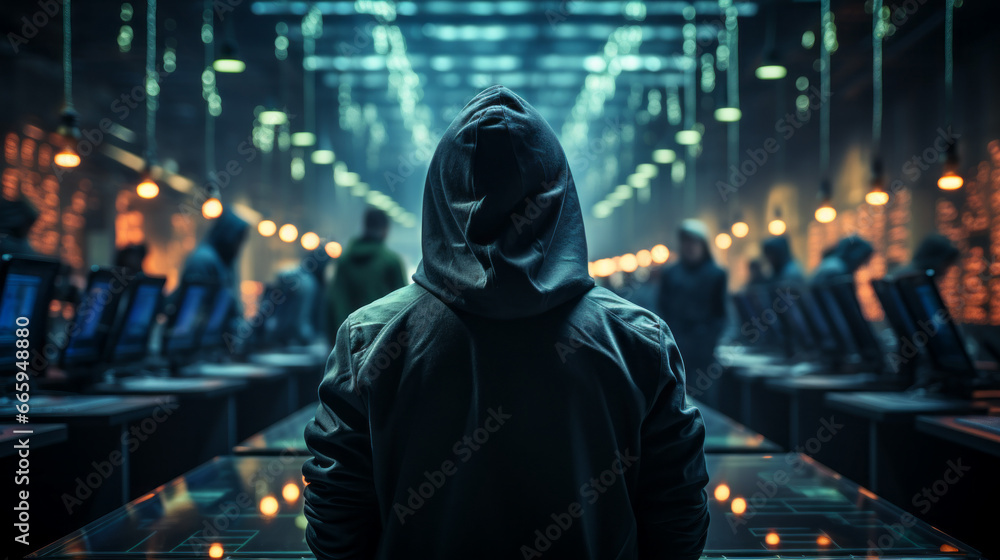 A hacker wearing a hoodie in a room full of computers. Cyber security ...