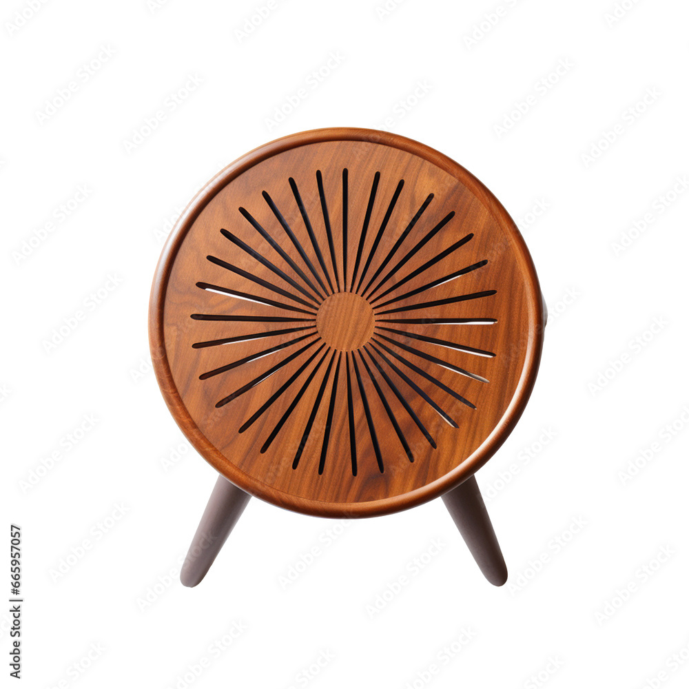 An aerial shot of a mid-century circular stool, emphasizing its radial ...
