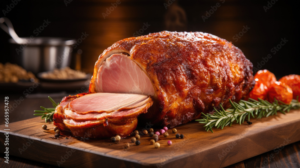 glazed sliced ham on dinner table for Thanksgiving Christmas Holiday ...