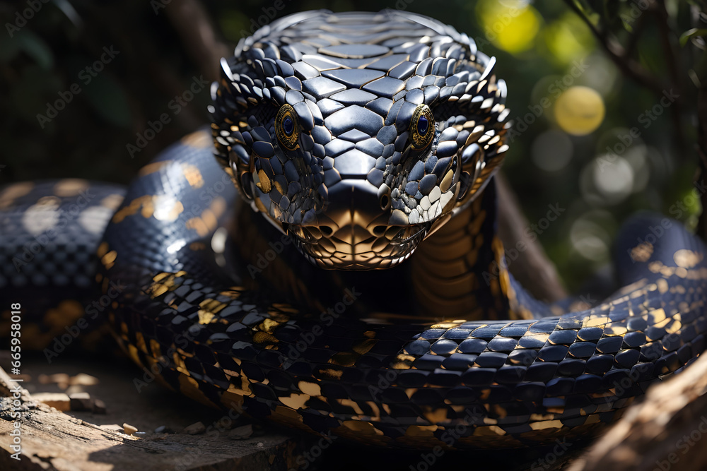 Majestic king cobra with hood flared, moody stare, intricate glistening ...