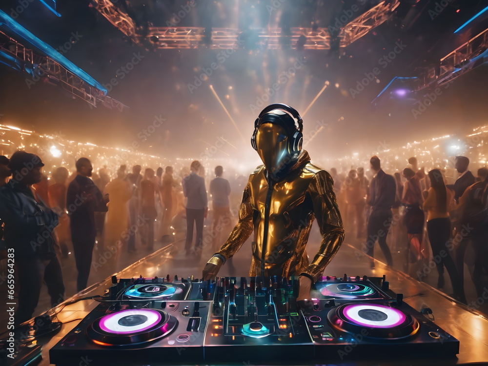 Futuristic robot DJ pointing and playing music on turntables. Robot ...