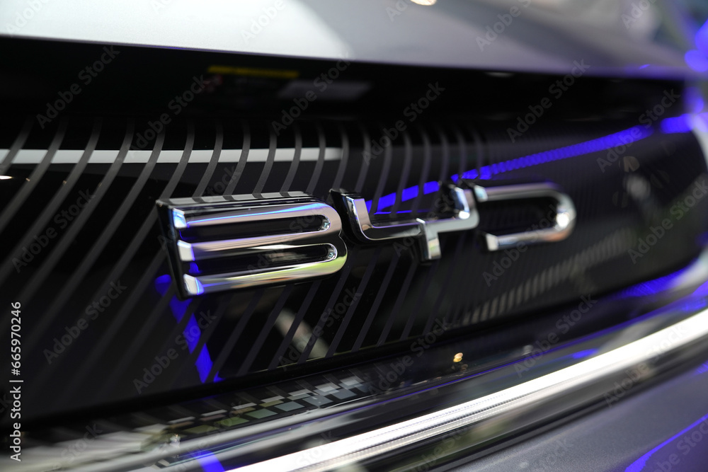 PENANG, MALAYSIA - 20 OCT 2023: Car logo of a BYD Build Your Dreams EV ...