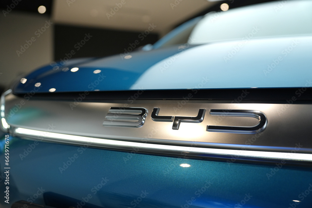 PENANG, MALAYSIA - 20 OCT 2023: Car logo of a BYD Build Your Dreams EV ...