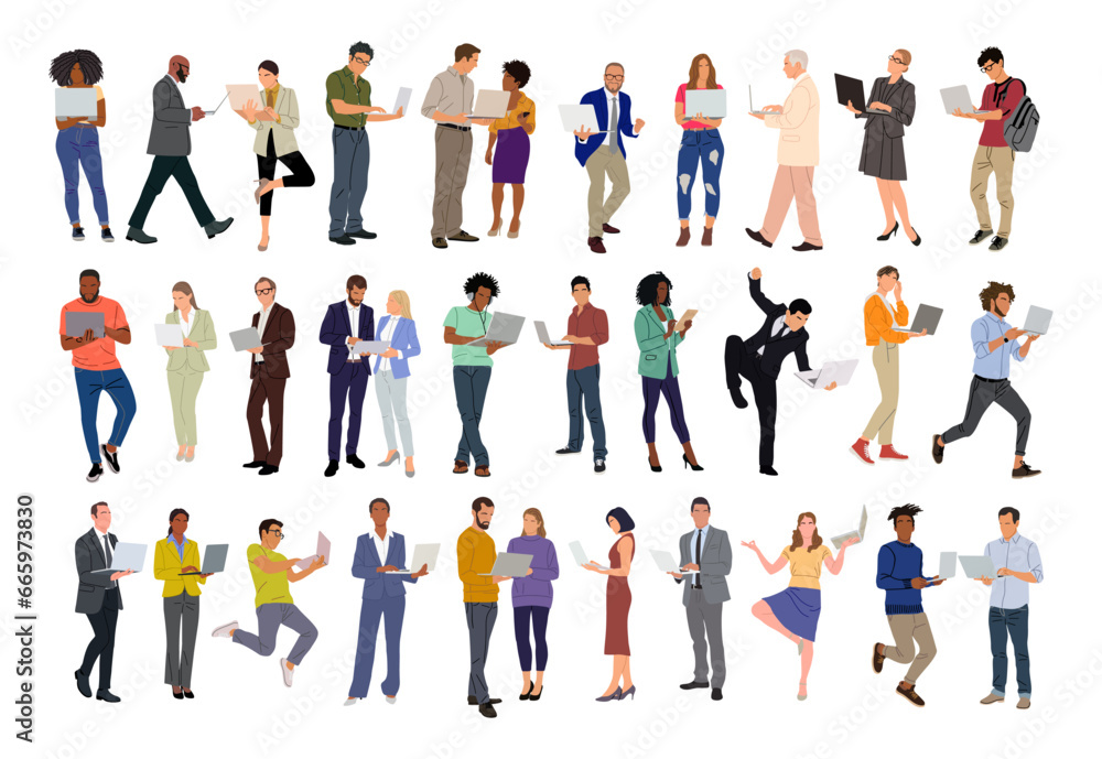 Bundle of Business people working at laptop. Different men, women ...