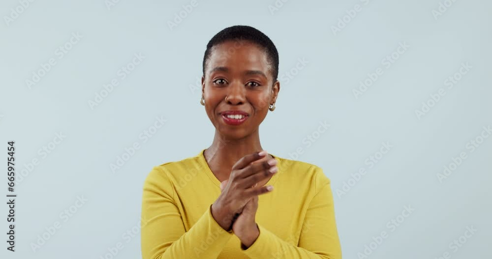 Face, happy woman and applause in studio for success, winner or ...