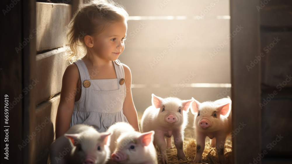 copy space, stockphoto, cute little child playing between cute piglets ...