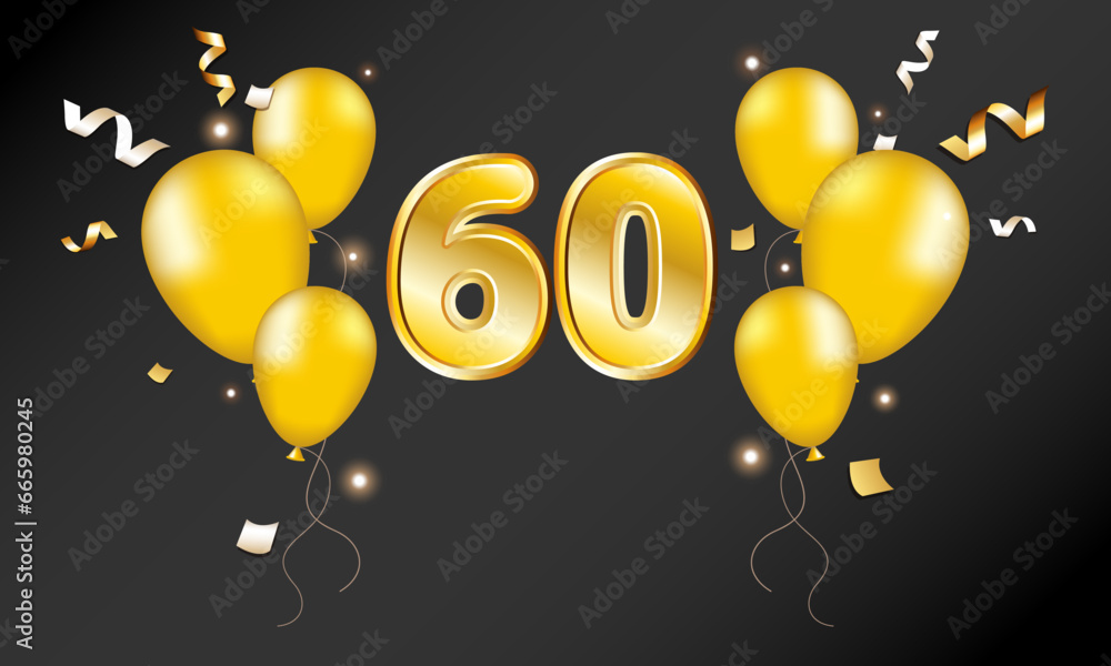 60th Anniversary. Gold numbers on black background with gold balloons ...
