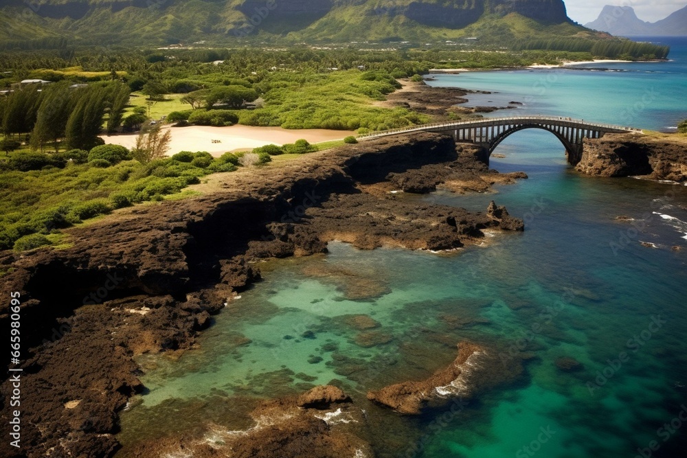 Overhead view of scenic Mauritius island's shoreline featuring a ...