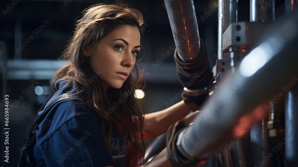 Human plumber working near metal pipes indoor, female professional ...
