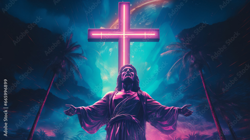 Jesus christ on cross in synthwave style with neon lights, generated ...