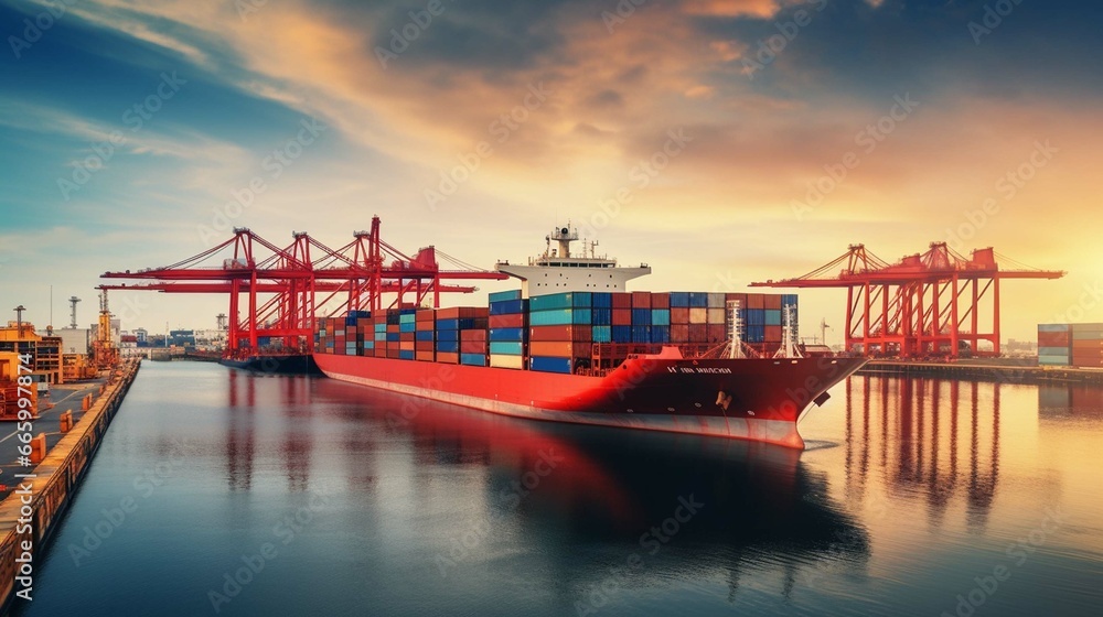 Container ship carrying container boxes import export dock with quay ...