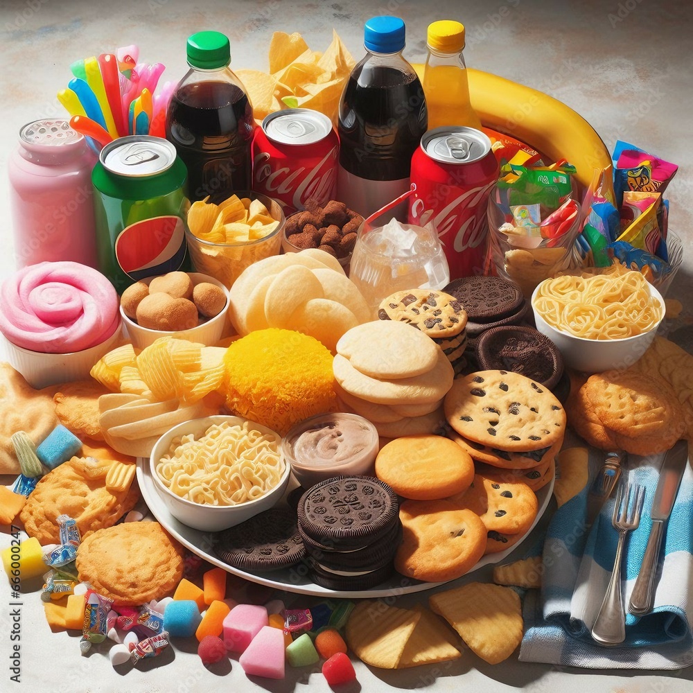 A table full of food, processed foods on a table, with coocies, soft ...