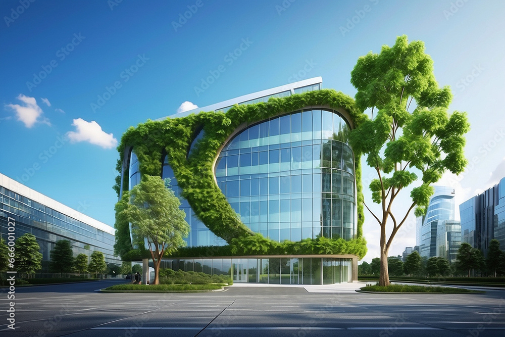 Eco-friendly building in the modern city. Sustainable glass office ...