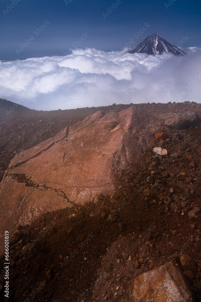 Kamchatka volcanic landscape: view to top of cone of Koryaksky Volcano ...