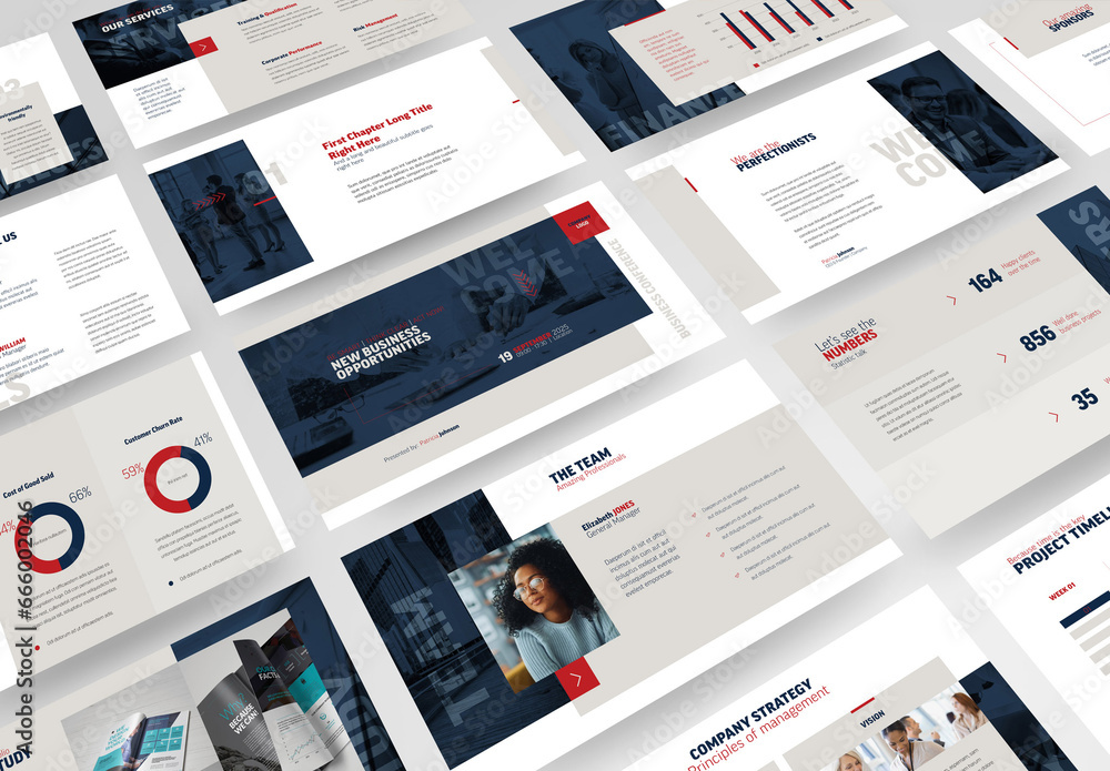 Business Presentation Slide Deck Layout with Blue and Red Accents Stock ...