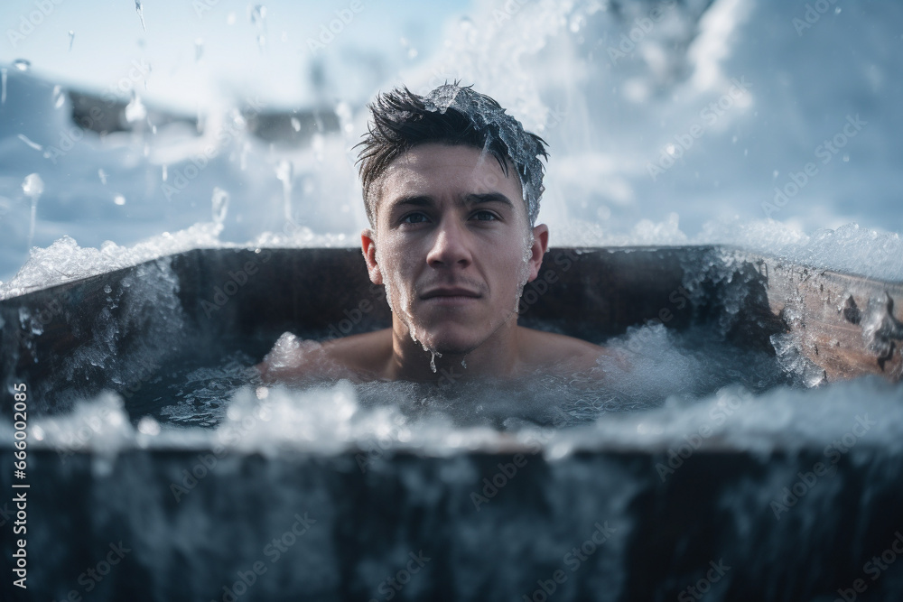 Man taking an ice bath in a spa. Cold water therapy with floating ice ...