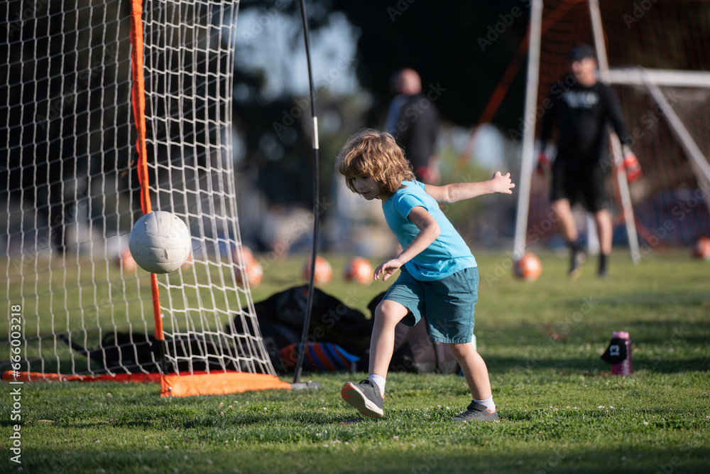 Kid playing soccer, happy child enjoying sports football game, kids ...