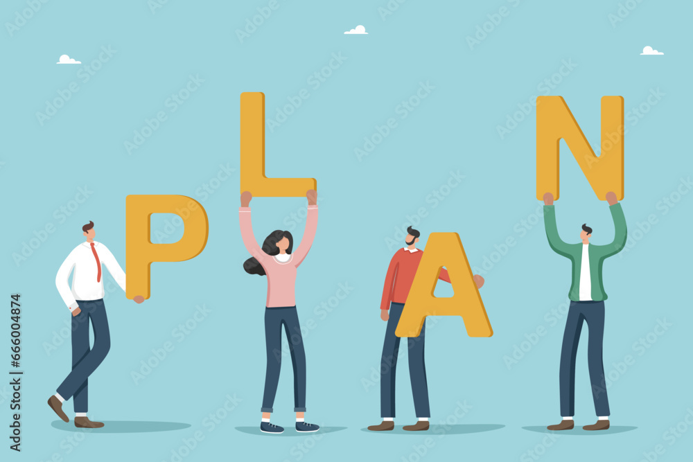 Teamwork to create company development plan, collaboration and partnership to successfully build ...