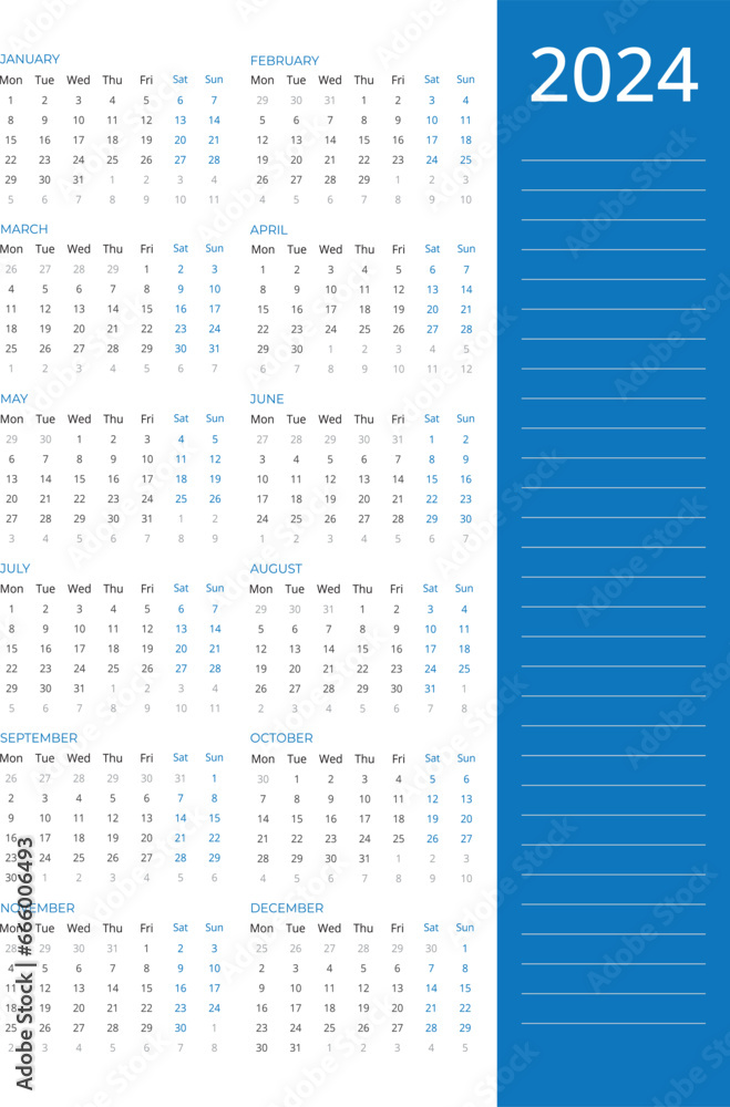 calendar for 2024, Vertical Blue Calendar 2024 week starting Monday ...