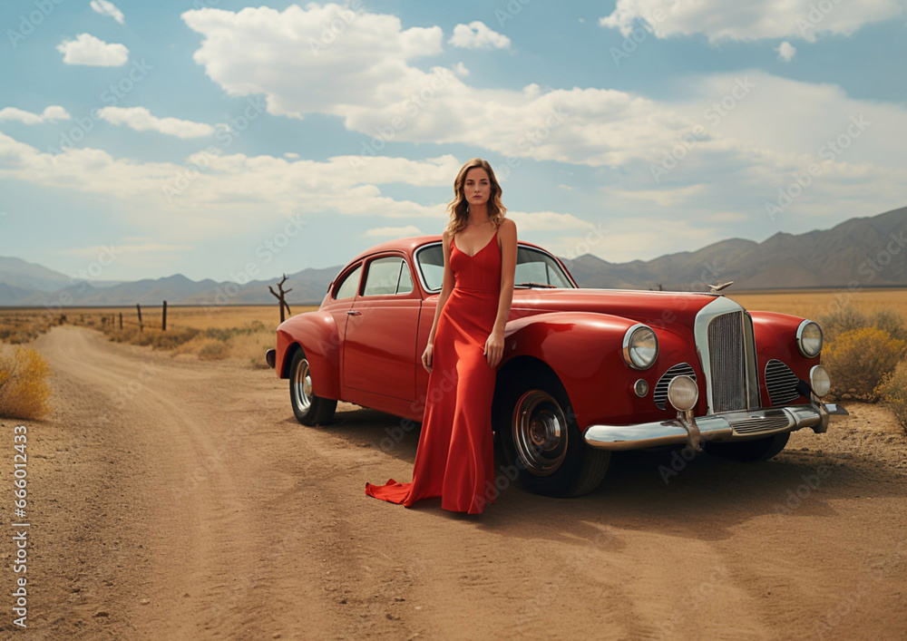 Fashion model woman in red designer silk dress next to vintage retro ...