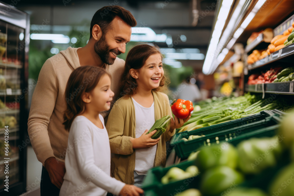 A happy family shopping together in the produce section, with children ...