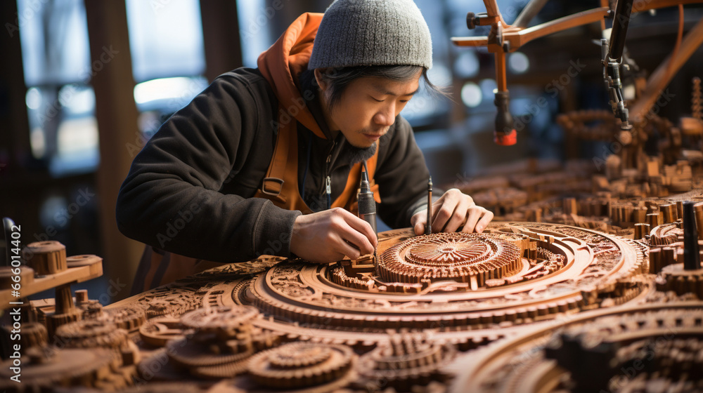 A carpenter working on a custom wooden door, surrounded by intricate ...