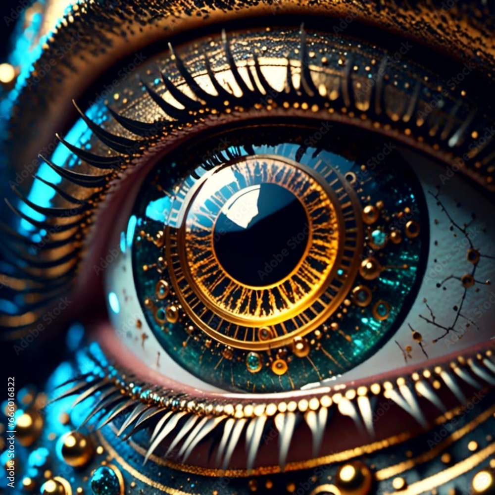extremely realistic, steampunk eye, full view of eye, blurry middle ...