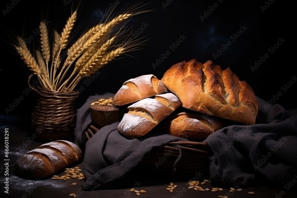 Dark background with baked pastry and grains of wheat bread. Generative ...