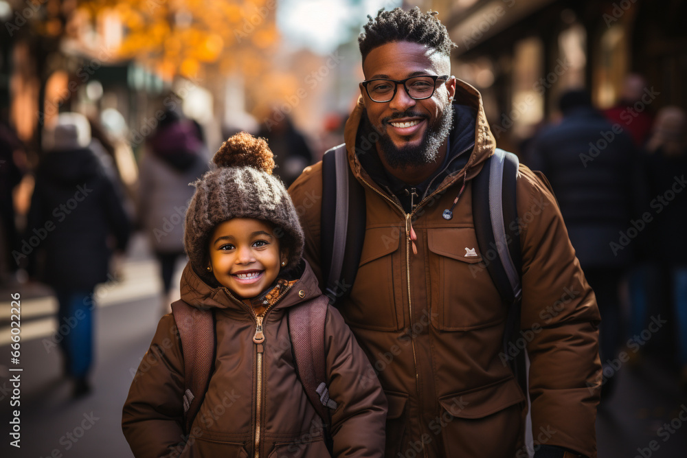 "Father and daughter walk together down the street to school, both ...