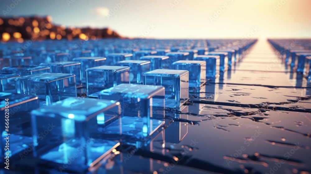 Interconnected blocks glide along a path, each symbolizing goods in ...