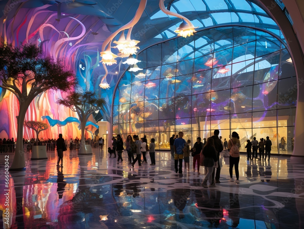 A bustling, modern-day mall forms the backdrop. The atrium is expansive ...
