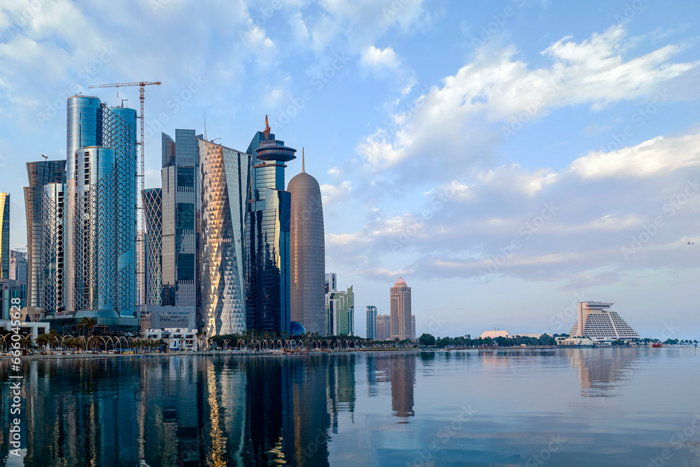 High rise office buildings on the Corniche in Doha Stock Photo | Adobe ...