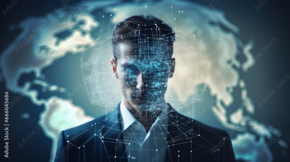 double exposure image of virtual human 3dillustration on world map and ...