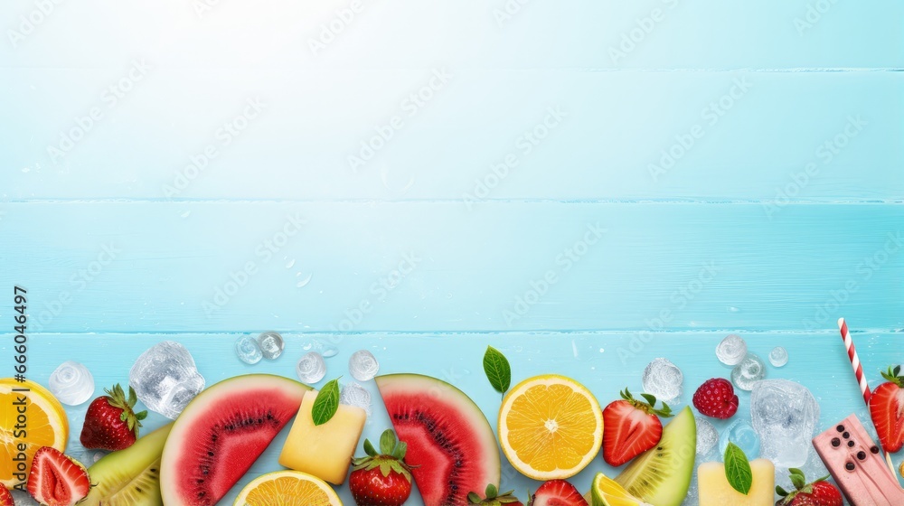 Refreshing summer food side border. Selection of grilled fruits, ice ...