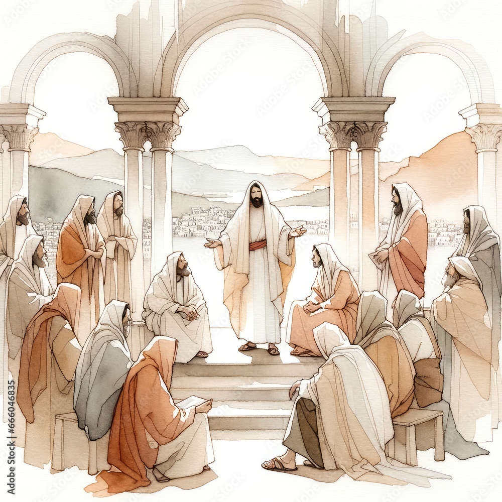 Ministry of Jesus. Jesus preaching standing in front of the synagogue ...