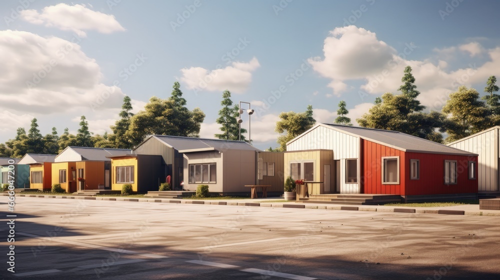 Assembly shop of modular houses with ready-made and unfinished. 3d ...