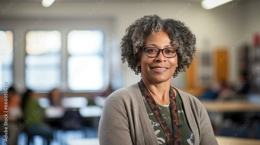 Portrait of a senior African American female teacher in a classroom ...
