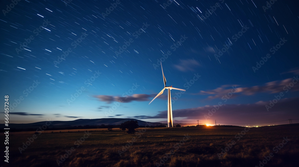 A single wind turbine against a starry night sky, Milky Way visible ...